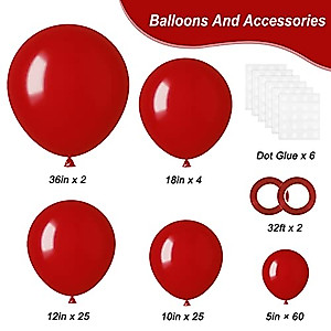 RUBFAC 116pcs Ruby Red Balloons Different Sizes Pack of 36 18 12 10 5 Inch for Garland Arch Dark Red Extra Large Balloons for Birthday Wedding Party Decoration