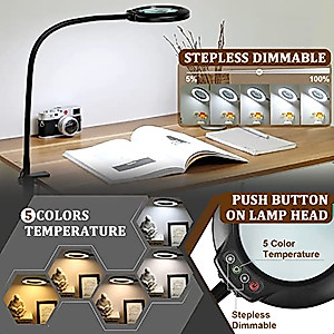VEEMAGNI 23" Magnifying Glass with Light and Clamp, 5 Color Modes Stepless Dimmable LED Gooseneck Desk Lamp, 5X Real Glass Table Lighted Magnifier Hands Free for Craft Painting Close Work Hobby Sewing