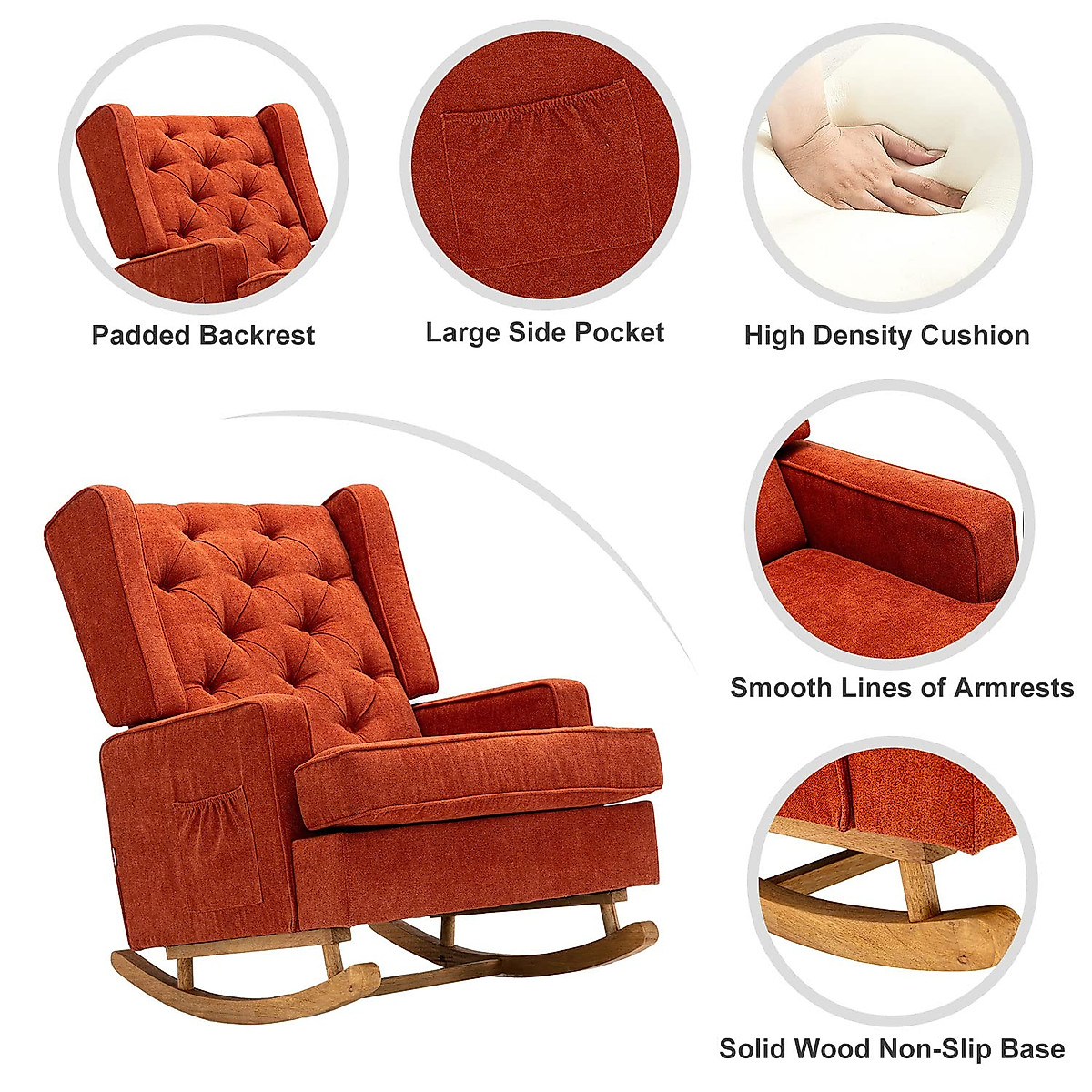Rocking Chair Nursery,Upholstered Glider Chair for Nursery,Mid Century Modern Oversized Wingback Armchair for Living Room(Orange)