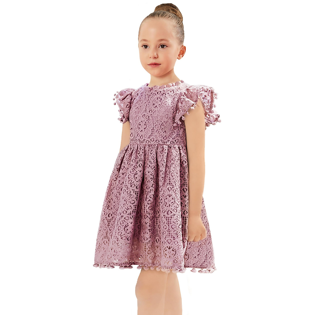 2Bunnies Girl Vintage Lace Pom Pom Trim Birthday Party Dress for Little Kid(Dusty Pink, 5)