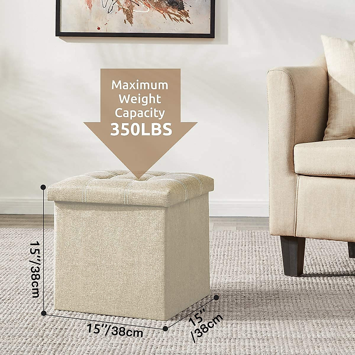 YOUDENOVA 15 inches Storage Ottoman Cube, Foldable Storage Boxes Footrest Step Stool, Padded Seat for Dorm Living Room, Support 300lbs, Line Fabric Beige