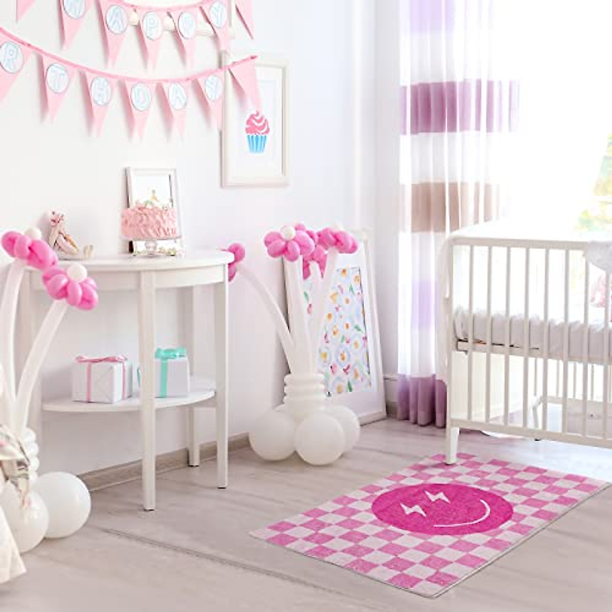 Pink Smile Face Rug Preppy Buffalo Check Plaid Contemporary Funny Rug Checkered Carpet Preppy Room Decor Reversible Rug for Living Room Bedroom Dormitory Front Porch Hallway Farmhouse, 1.97 x 3.28 ft