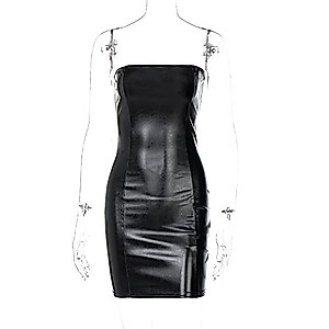 Achieer Women Sexy Club Party Strapless Bodycon Pu Leather Black Ruched Latex Dress