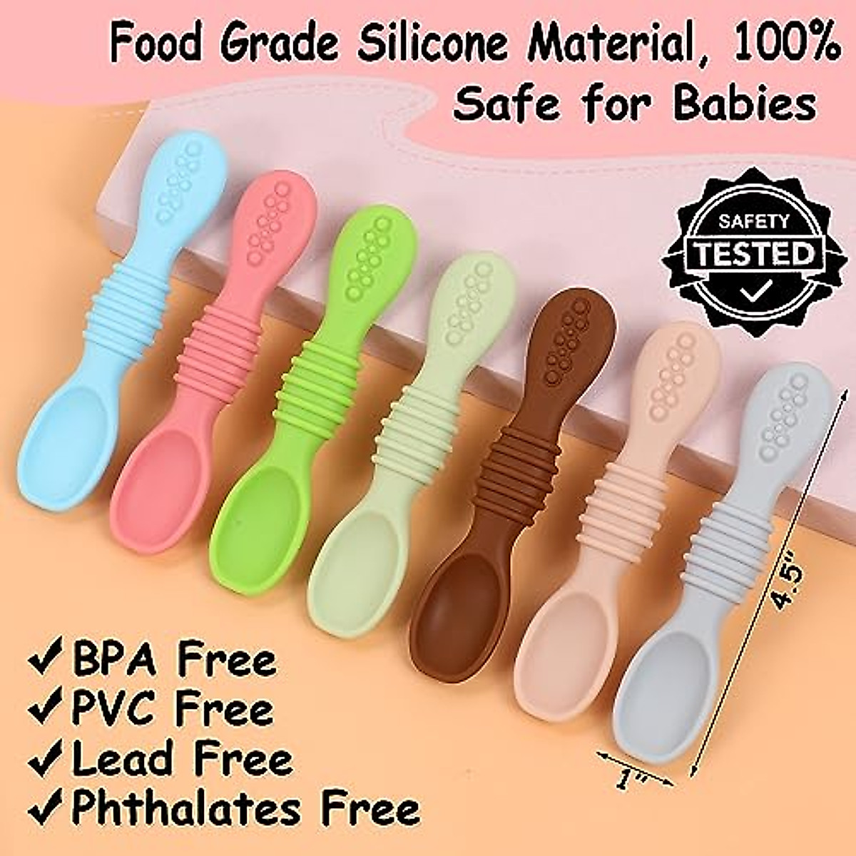 Baby Spoons Self Feeding 6 Months - 7 Pack Silicone First Stage Infant Training Spoons, Baby Led Weaning Untensils for Toddlers, BPA-Free Rainbow Chewable Teething Spoons for Kids - Dishwasher Safe