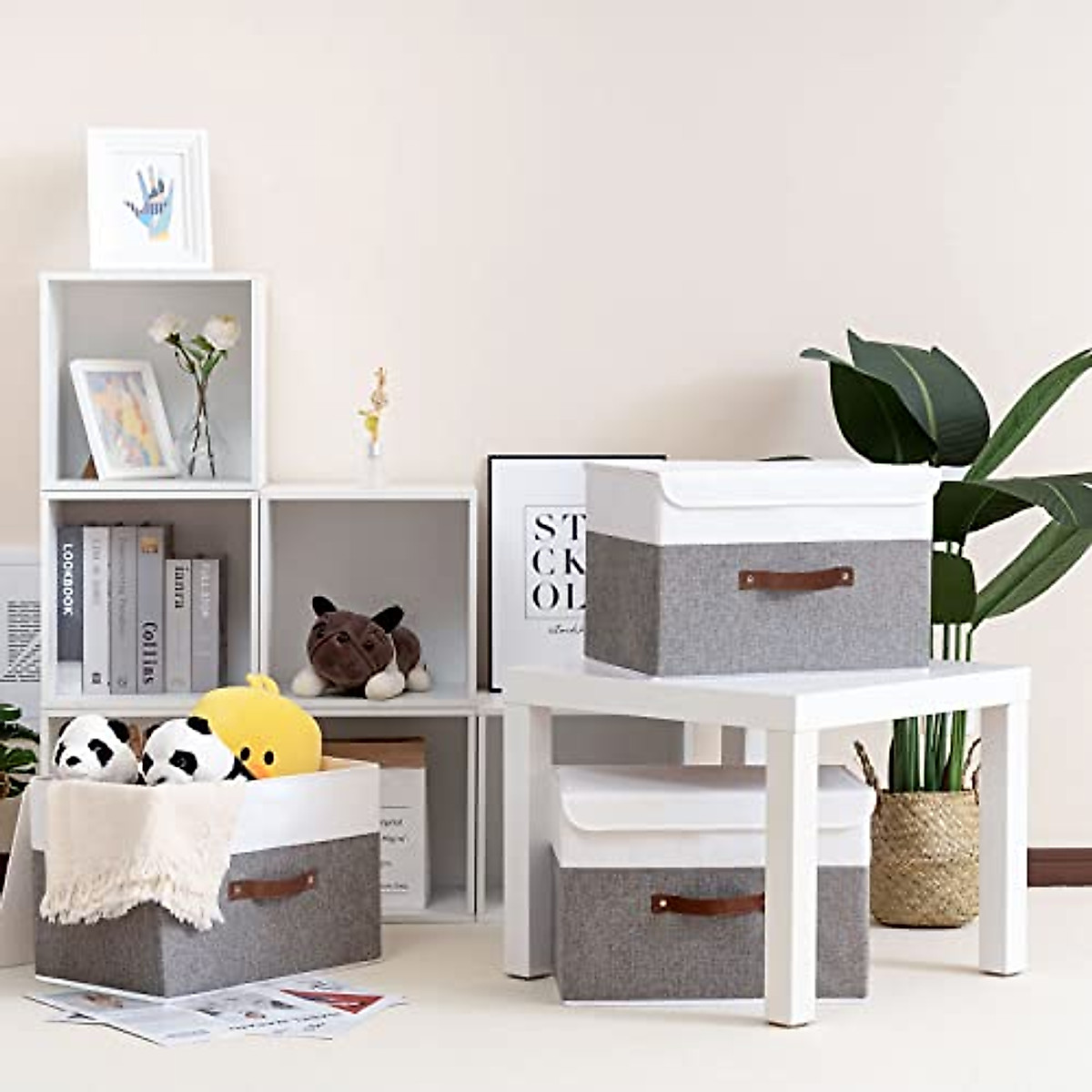 Yawinhe Collapsible Storage Boxes 1 Pack, Linen Fabric Storage Baskets Washable, with Lids and Leather Handle, for Home Bedroom Closet Office, (White/Grey, 17.7x11.8x11.8in), USNK024WGX-1