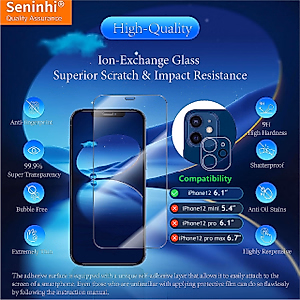 seninhi [3+3Pack] for iphone 12 (6.1inch) Screen Protector 3Pack + Camera Lens Protector 3Pack, Tempered Glass Screen Protector [With Easy Installation Frame] [9H Hardness] [Anti-Scratch] [Bubble