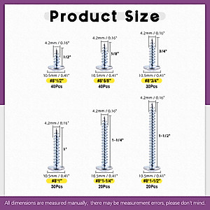 Swpeet 180Pcs 6 Sizes #8 x 1/2", 5/8", 3/4", 1", 1-1/4", 1-1/2" Phillips Modified Truss Head Wood Screws Assortment Kit, Blue White Zinc Alloy Carbon Steel Standard Self Tapping Sheet Metal Screws