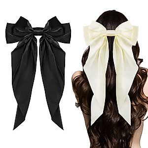 Ambesi Big Satin Silky Hair Barrettes 2pcs, Long Tail French Bow Barrettes for Women Girl, Black Milky White Hair Accessories for Birthday/Party/Show/Christmas/Independence Day