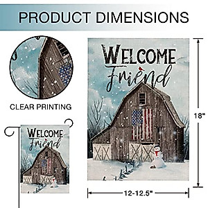 Hzppyz Welcome Friend Winter USA Country Barn Farm Garden Flag Double Sided, Snowman Cardinal Decorative House Yard Outdoor Small Patriotic Decor, Christmas Farmhouse Home Outside Decoration 12 x 18