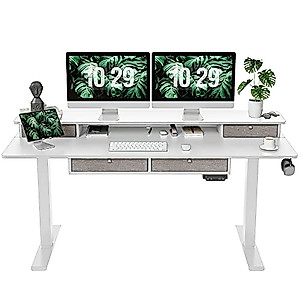 FEZIBO Sturdy Height Adjustable Electric Standing Desk with Drawers, 63 x 24 Inch Stand Up Table with Large Storage Shelf, Sit Stand Desk, White Top