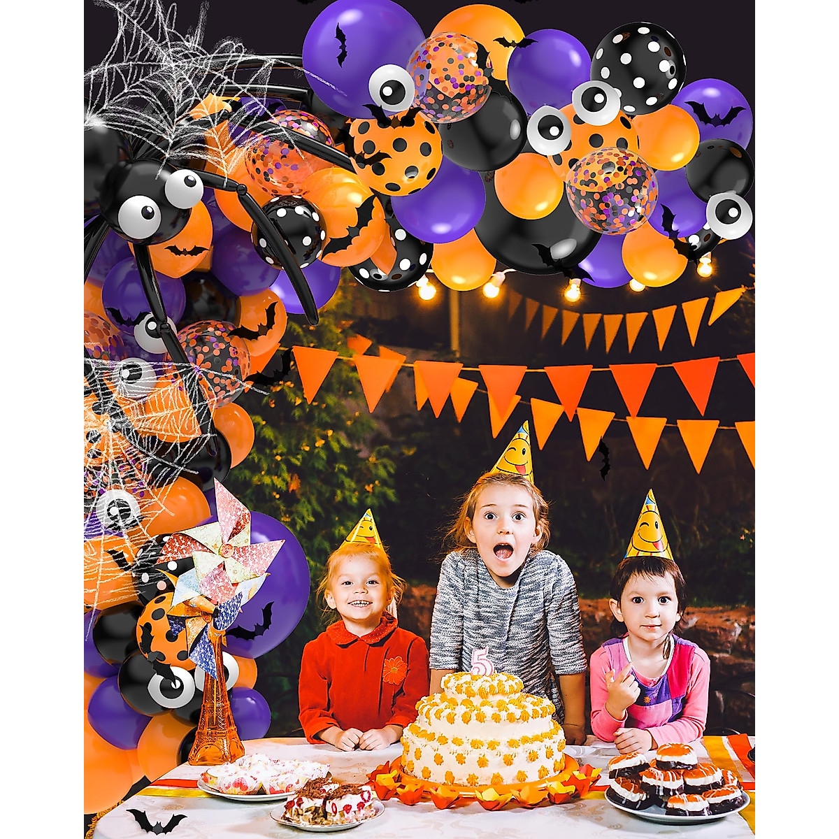 Oomloid 126 Pcs Halloween Balloon Garland Arch Kit, Halloween Party Decorations Include Spider Web, Bats, Purple Orange and Black Balloons for Halloween Birthday Party Supplies Decor