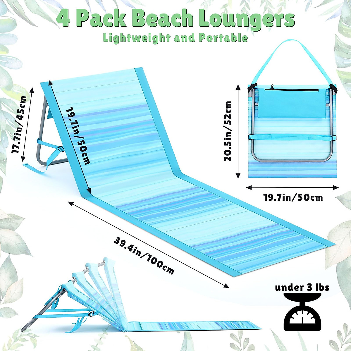Tinideya 4 Pack Portable Beach Lounge Chairs Folding Beach Loungers for Adults, Lightweight Sunbathing Poolside Tanning Lounger, Outdoor Lounge Beach Mat for Beach Pool Music Festival Travel Camping