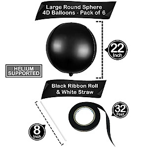 Giant 22 Inch Matte Black Foil Balloons - Pack of 6 | Black Round Balloons 360 Degree 4D Metallic Black Balloons | Black Birthday Decorations | Black Metallic Balloons, Graduation Decorations 2023