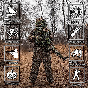Ghillie Suit 3D Leafy Camo Suit Youth Adult Lightweight Hunting Camouflage Suits Turkey Camo Hunting Gear Camo Clothing Hooded Apparel Gilly Suit for Hunting Shooting Airsoft Wildlife Photography