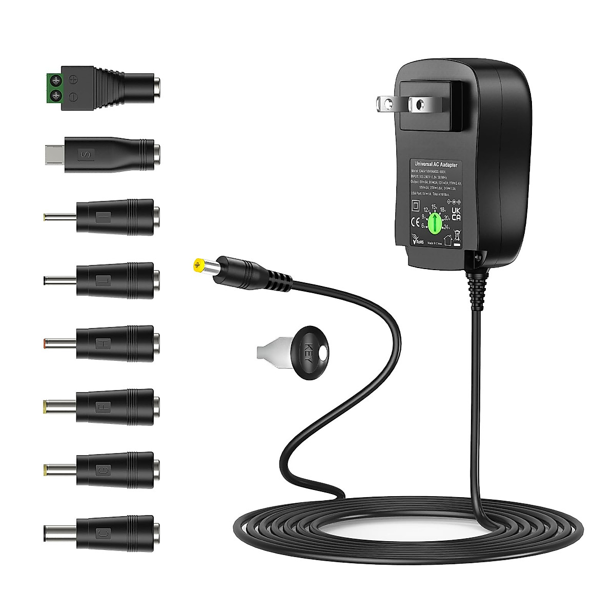 Basicvolt Universal AC/DC Adapter 41W Switching Power Supply Charger with 5V 1A USB Port, Replacement Power Cord for 6V 9V 12V 15V 18V 20V 24V Household Electronics - 1500mA Max