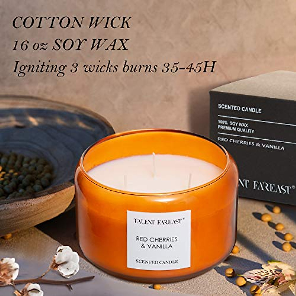 TALENT FAREAST Red Cherry & Vanilla Highly Scented Candle for Home 16 OZ Aromatherapy Candles Relaxing Enhanced Aroma Luxury Gift 40 Hour Long Lasting Natural Soy Wax Premium Fragrance Glass Candle