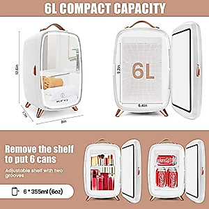 KFO Portable Mirrored Beauty Fridge With LED Lighting,6 Liter Portable Mini Fridge for Makeup, 4 Liter/6 Can 3 LED Mirror Light Mode,for Makeup Storag