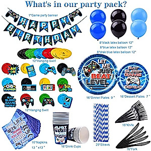 TMCCE Blue Video Game Party Supplies Gaming Party Decoration For Paper Plates,Cups,Napkins, Straws,Hanging Swirls,Balloons And Happy Birthday Banner For Gamer Birthday Party Decoration(NO Tablecloth)
