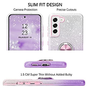 GUAGUA Compatible with Samsung Galaxy S21 FE 5G Case 6.4 Inch Glitter Sparkle Bling Cover for Girls Women with Ring Holder Kickstand Shockproof Protective Case for Galaxy S21 FE, Gradient Purple