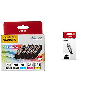 Canon PGI-280 / CLI-281 5 Color Ink Pack, Compatible to TS8120,TS6120,TR8520,TR7520, and TS9120 Wireless Printers, Multi, PGI-280 Full Standard Set & Ink Cartridge PGI-280 Pigment Black Printer Ink
