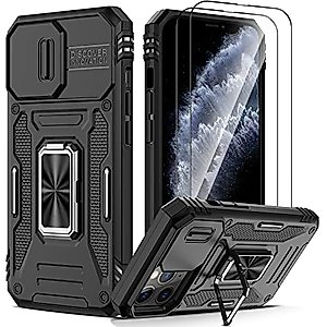 FRLMOOES for iPhone 11 Pro Case with 2 Glass Screen Protector,iPhone 11Pro Kickstand Case with Slide Camera Cover& 360°Magnetic Ring Shockproof Military Grade Drop Heavy Duty Protection Men 5.8‘’black