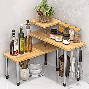 Kitchen Countertop Organizer Corner Shelf, Kitchen Organization 3 Tier Shelf Adjustable Bamboo Organizer for kitchen organization and storage , Bathroom Shelves, Spice Rack , Coffee Station (Nature)