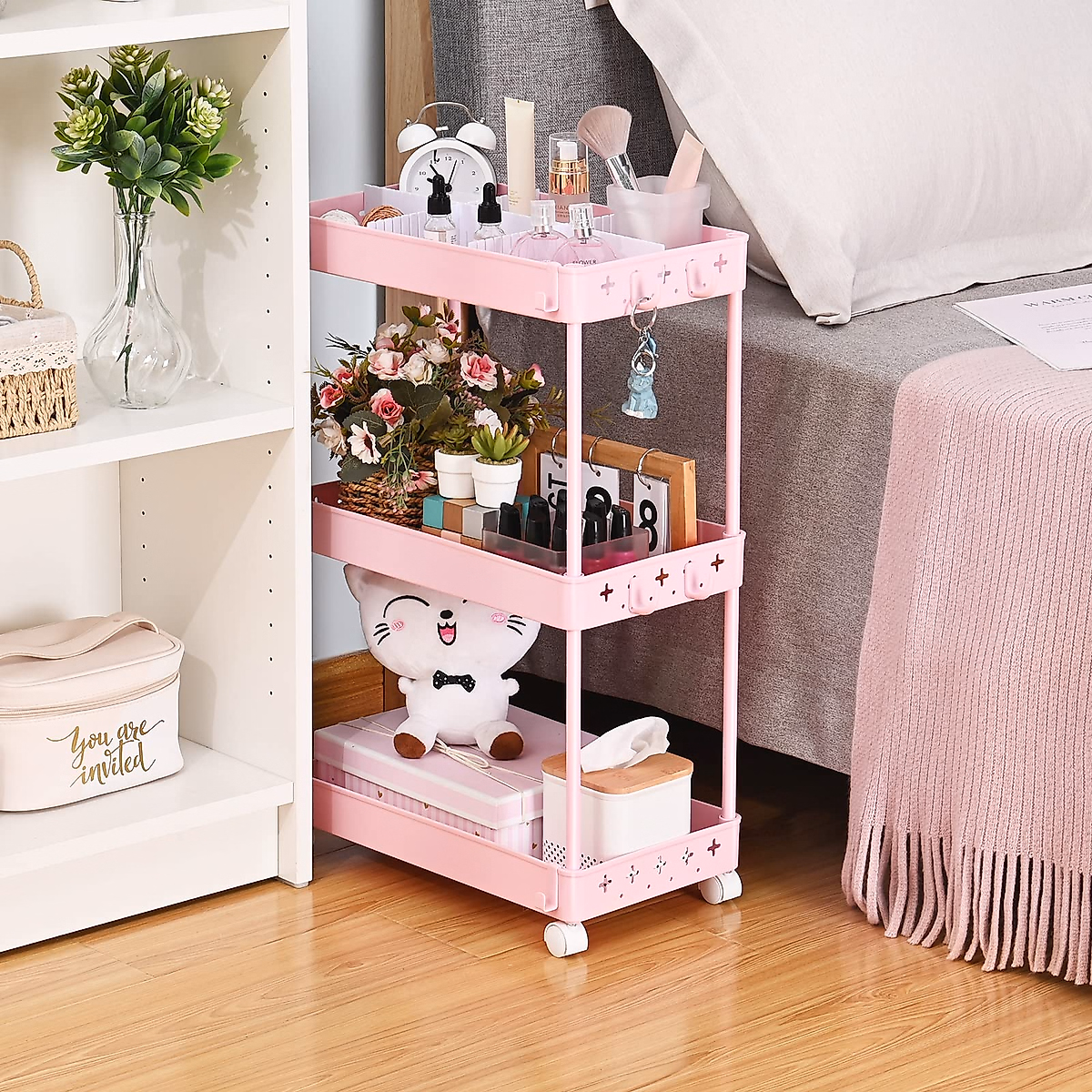 KINGRACK 3-Tier Rolling Utility Storage Cart with Adjustable Dividers,Multi-Purpose Storage Craft Art Cart Trolley Organizer,Slide Out Cart for Bedroom Bathroom Kid's Room Laundry Room,Pink