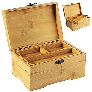 CDOKY Large Wooden Box with Hinged Lid, Bamboo Wood Multi-purpose Storage Box with Tray 2 Compartments, Natural Wood Organizer for Photos, Jewelry Home Office Decor, 7 x 5 x 4 in (Large)