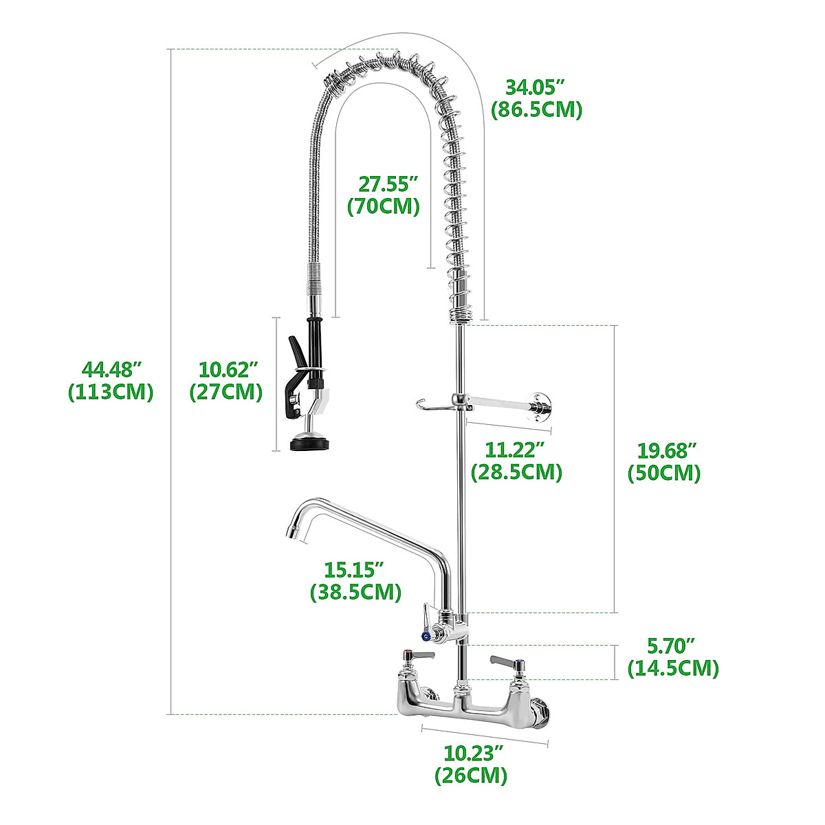Youwise Commercial Pre-Rinse Faucet with Sprayer 8" Center 47" Height Wall Mounted Kitchen Sink with Pull Down Sprayer and 12" Add-on Spout for Home Restaurant Industrial Black