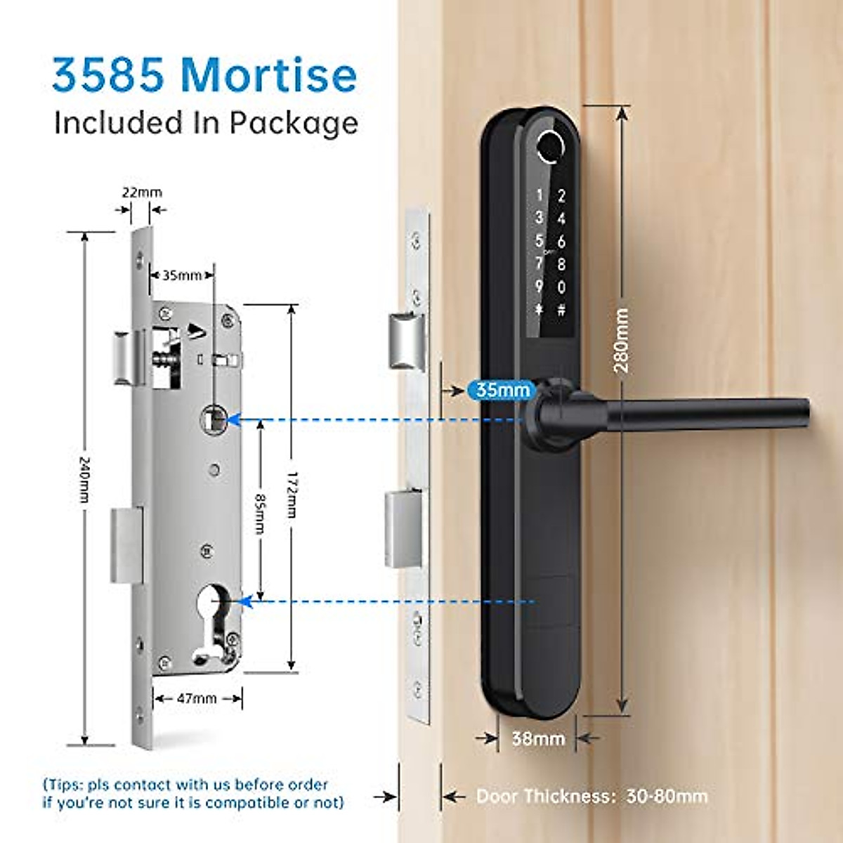 Luston Slim Smart Lock Front Door Stainless Steel Waterproof Mortise Lock,Keyless Entry Door Lock,WiFi Bluetooth Fingerprint Digital Keypad Aluminum Swing Door Lock with Handle(Black)