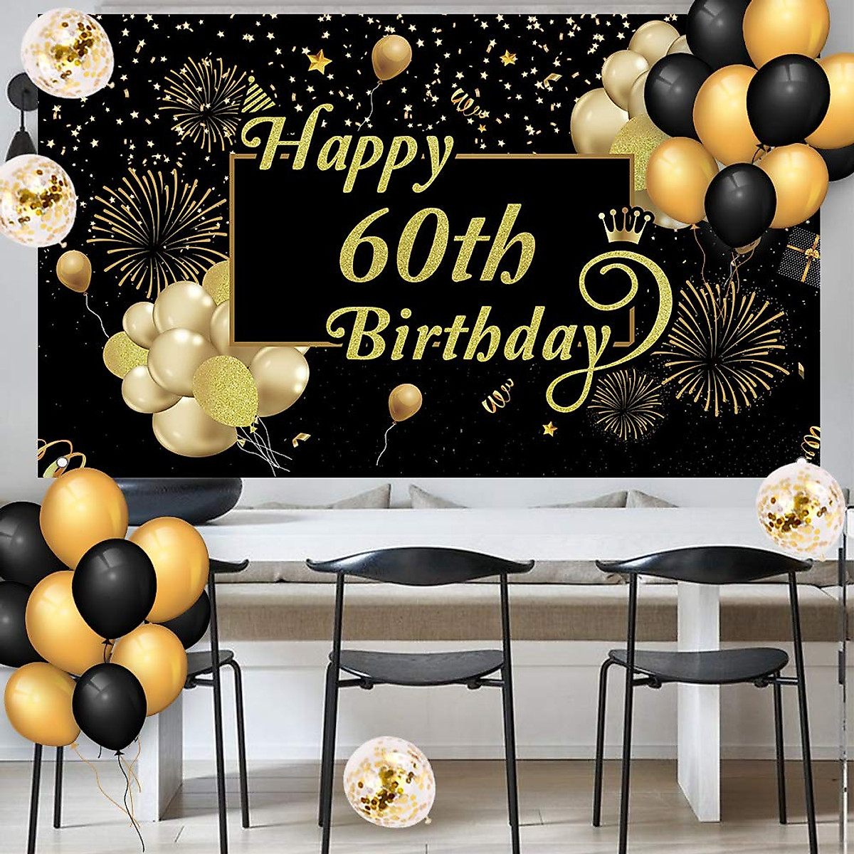 60th Birthday Decorations for Men Women, 60th Birthday Decorations, Happy 60th Birthday Banner, Black and Gold 60th Bday Backdrop