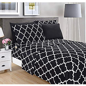 Elegant Comfort 6-Piece Quatrefoil Printed Deep Pocket Bed Sheet Set, Luxurious Silky 1500 Thread Count Bed Sheet Set Ultra Soft Wrinkle Resistant Bedding Set, Queen, Black