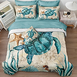 Merryword 8 Pieces Blue Green Comforter Set Queen Size Ocean Life Bed in a Bag Turtle Beach Bedding Set Hawaii Style Summer Lightweight Bedding Comforter Set