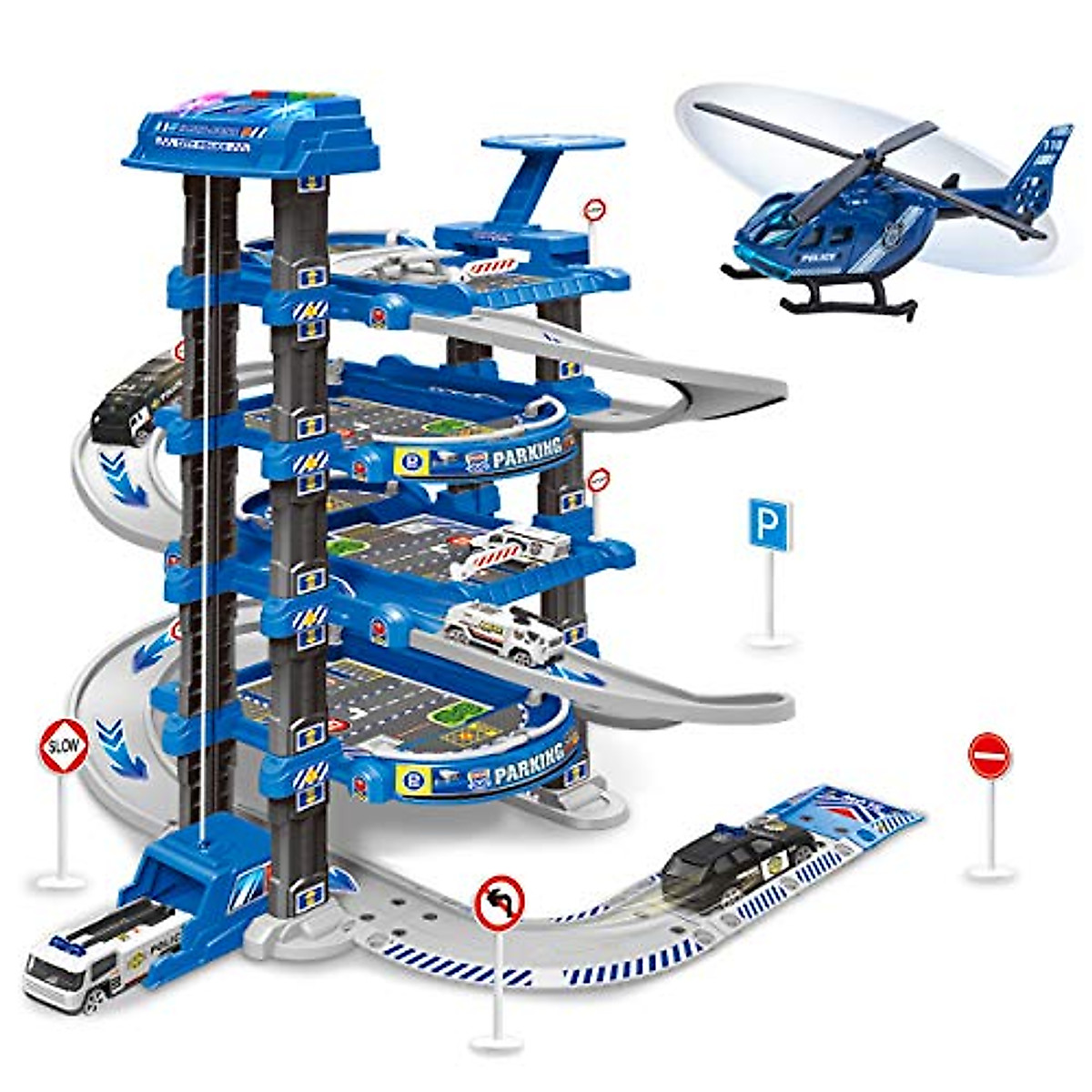 UNIH Kids Garage Toy Set, Toy Vehicle Garage for Toddlers, Race Car Ramp Track Toy, Parking Garage Playset Toy with Play Mat(Blue)