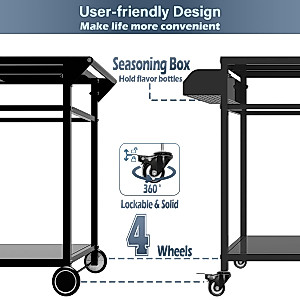 Koutemie Outdoor Grill Cart Table with 4 Wheels for Blackstone 17" or 22", Movable BBQ Food Prep Table Top, Double-Shelf Metal Pizza Oven Worktable with Spice Tray for Patio, Backyard, Black