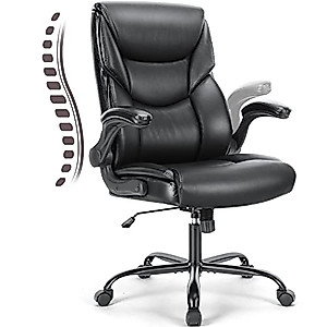 Office Chair - Ergonomic Executive Computer Desk Chairs with Adjustable Flip-up Armrest, Swivel Task Chair with Lumbar Support, Strong Metal Base, PU Leather, Black