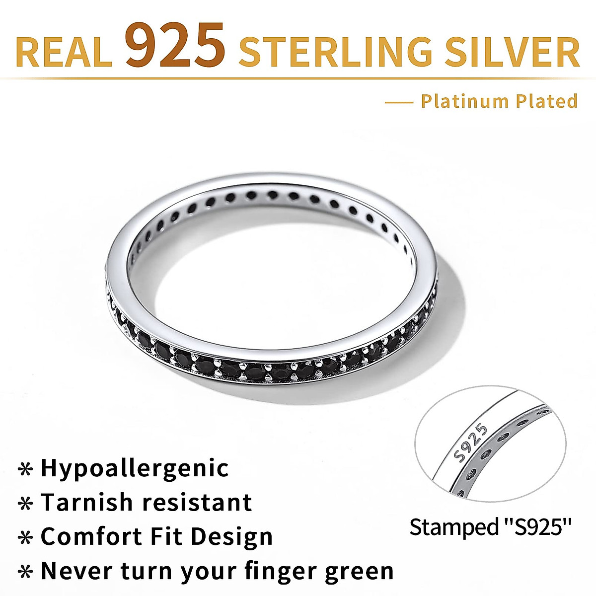 ChicSilver 2MM Thin Band CZ Eternity Ring 925 Sterling Silver Black Cubic Zirconia Engagement Wedding Ring for Women Size 5