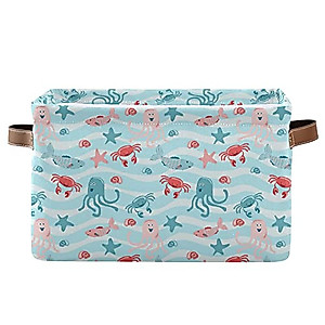 xigua Cartoon Octopus Fish Crabs Shellfish Square Storage Basket,Collapsible Sturdy Fabric Storage Basket Cube W/Handles for Clothes Toy Closet(1 pcs)