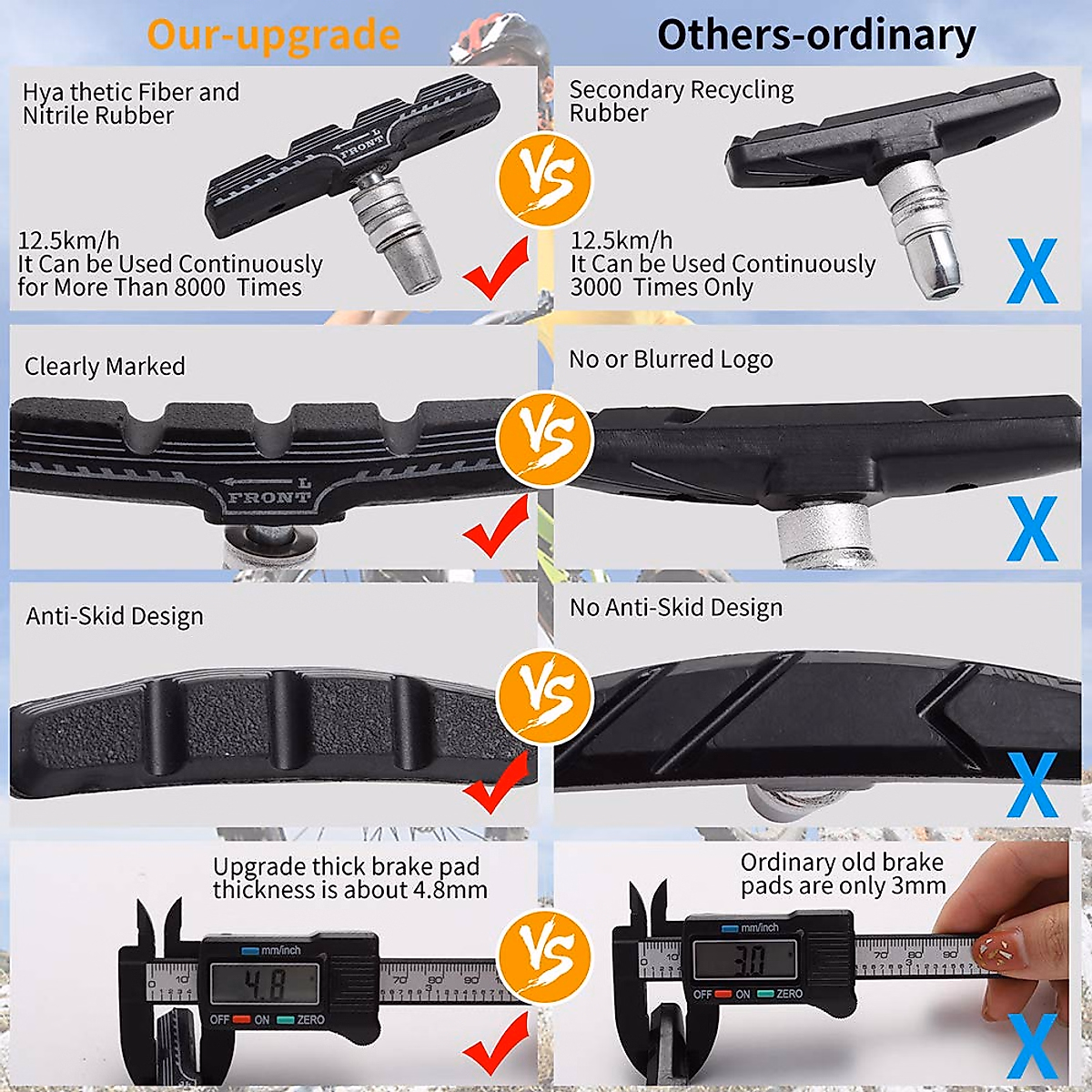 Bike Brakes Pads Set, Brakes Kit, Road Mountain Cycle Bicycle Rubber Universal V-Brake Blocks Shoes with Hex Nut Tools and Shims, No Noise No Skid, 70mm, Fits Most Bikes MTB City Folding Bike Pads