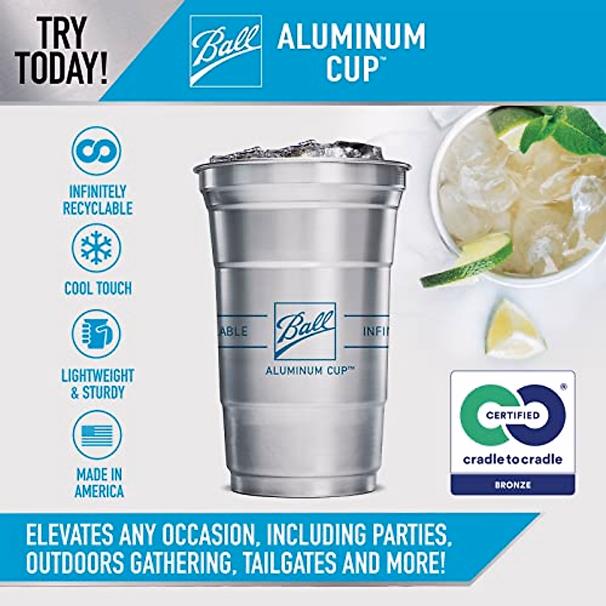 Ball Aluminum Cup Recyclable Party Cups, 20 oz. Cup, 10 Cups Per Pack