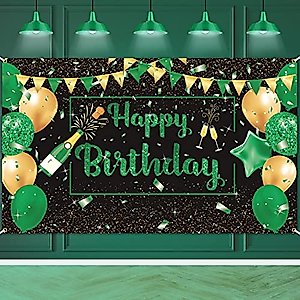 Green Black Gold Birthday Party Decoration Banner, Green Black Happy Birthday Backdrop Banner, Large Green Black Gold Birthday Banner Photo Background Party Decoration for Men Women Boys Girls