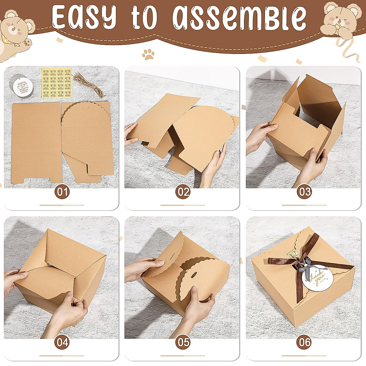 Leyndo 24 Sets Christmas Paper Gift Boxes with Stuffed Bear 8 x 8 x 4 Inch Bulk Large Christmas Gift Box with Lid Ribbon for Wedding Bridal Baby Shower Birthday Party Favor (Wood Round Tags)