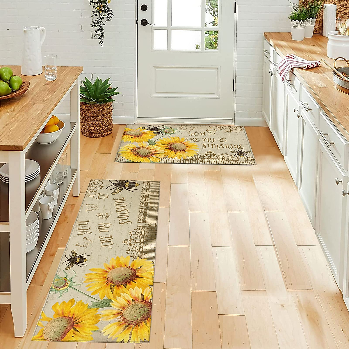 Sunflowers Kitchen Mats for Floor Cushioned Anti Fatigue 2 Piece Set Kitchen Runner Rugs Non Skid Washable Wood Bee Country Theme
