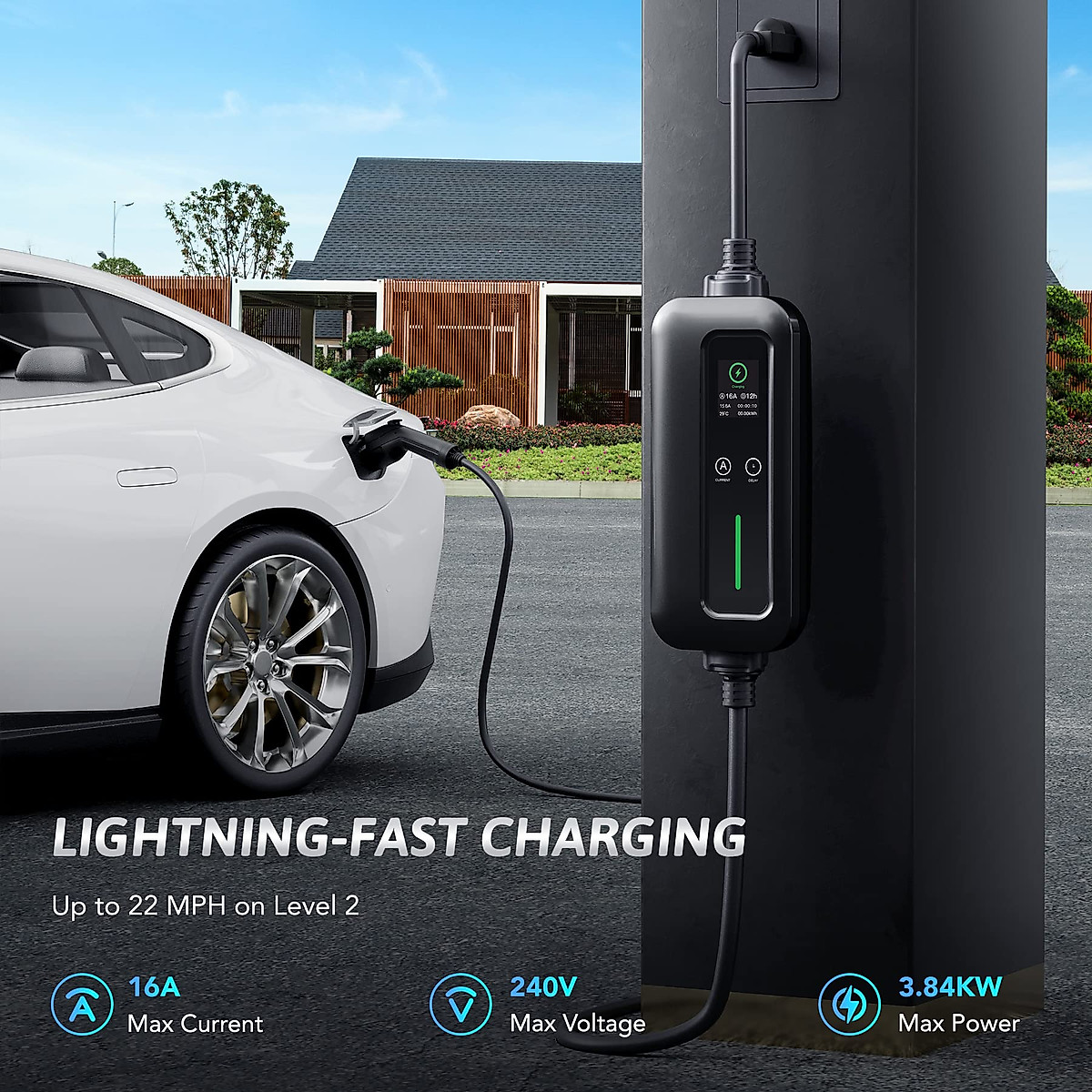 Level 2 & Level 1 EV Charger, 16Amp 110-240V Portable J1772 Electric Car Charger with NEMA 6-20 & NEMA 5-15 Adapter, Plug-in EV Charging Station with Adjustable Amp Delayed Timer 25ft Long Cord, Black