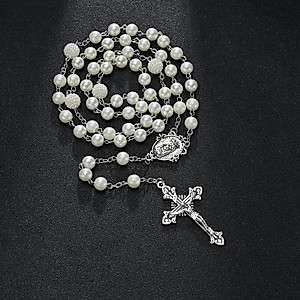 8mm Rosary Beads Necklace White Glass Pearl Catholic Prayer Alloy Cross Necklaces with Jesus Crucifix Fit for Girls Women Religious Gifts Rosaries(Customized velvet bag)