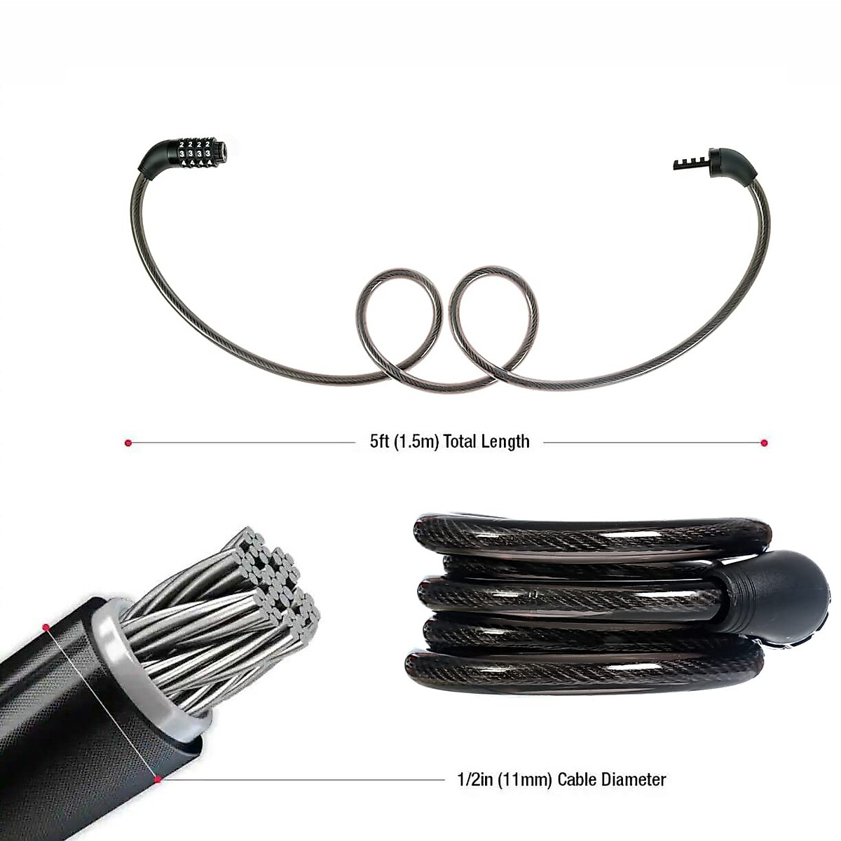 POLICE Bike Lock Cable, Combination Bicycle Lock, Cable Lock for Outdoor Equipment, 5ft