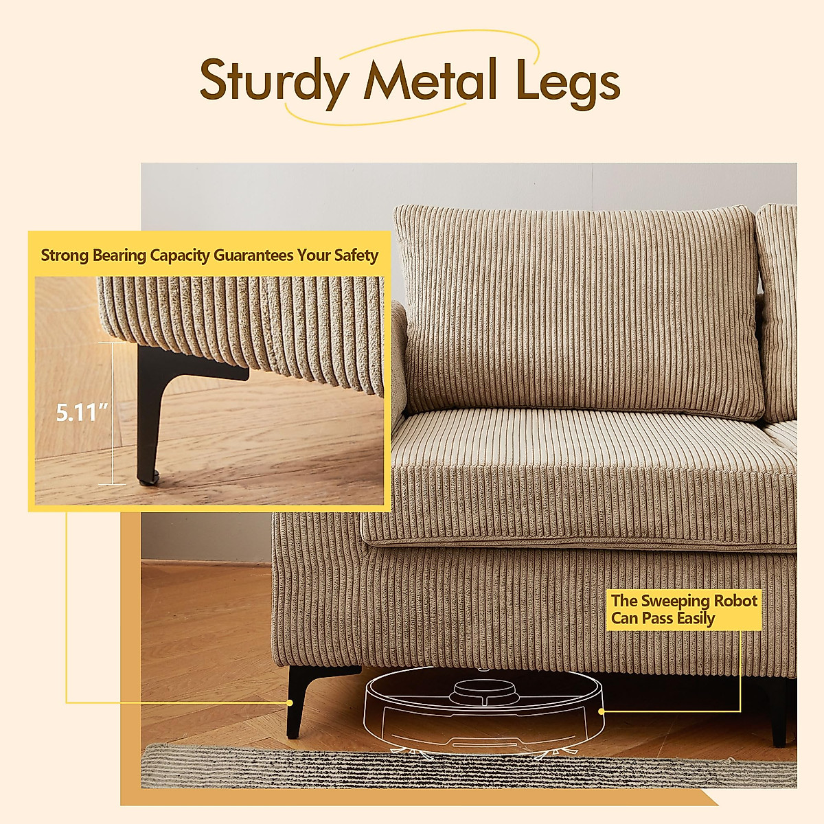 96" L Shaped Sectional Sofa Couches for Living Room,Corduroy Modern Modular Sofa Couch with Reversible Chaise,Comfy 3 Seater Convertible Reversible Sofa for Home Office Apartment Bedroom (Camel)