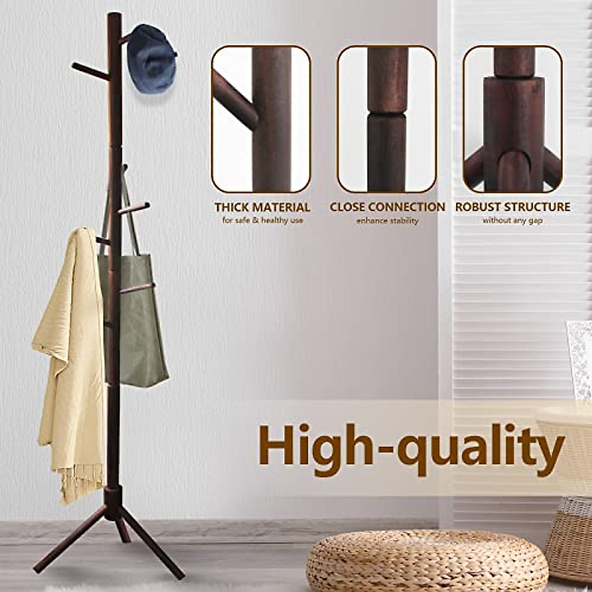 Z&L HOUSE Coat Rack Freestanding, Pure Natural Solid Wooden Coat Tree, 8 Hooks And Adjustable Height Floor Hanger, Used In The Bedroom Living Room Office To Hang Clothes, Hats, Bags