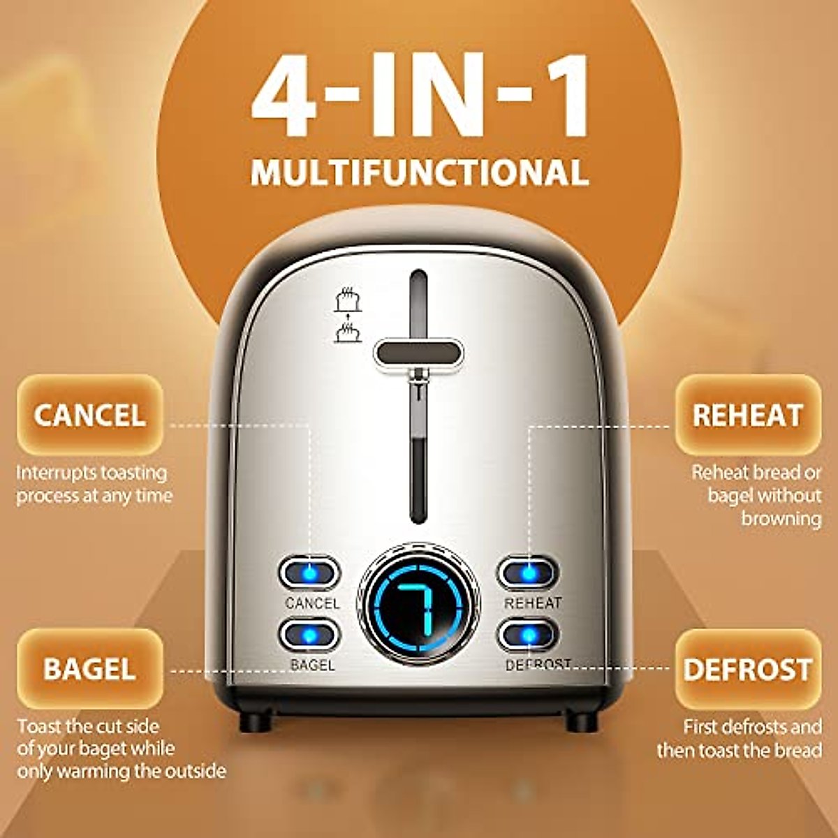 Toaster 2 Slice, Extra Wide Slot Bread Toaster with 7 Shade Settings & Removable Crumb Tray, Stainless Steel 2 Slice Toaster with Bagel Defrost Reheat Cancel Function and LED Display 850W 120V