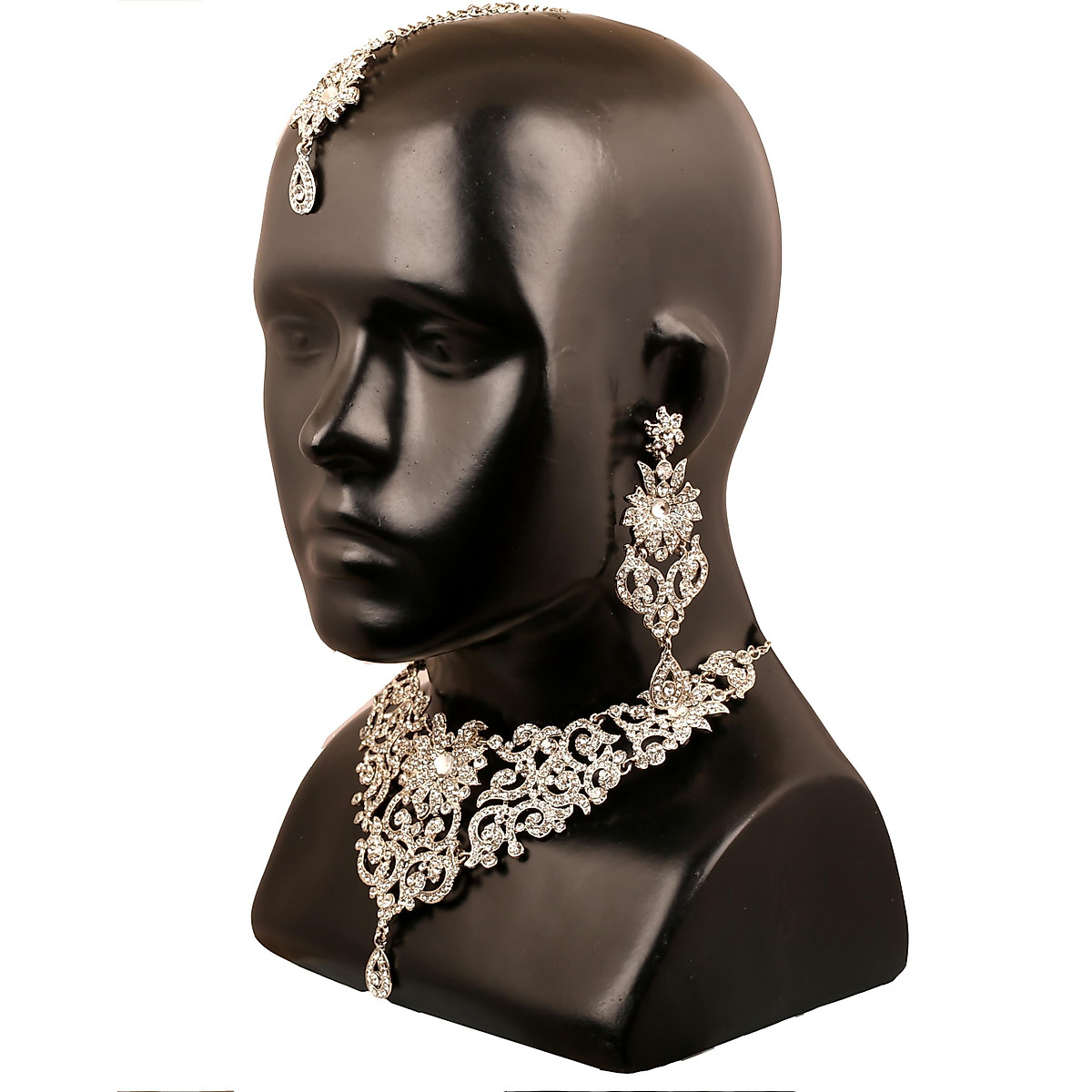 Touchstone Indian Bollywood Traditional Royal Look Attractive Filigree Carving Rhinestone Grand Bridal Designer Jewelry Necklace Set for Women